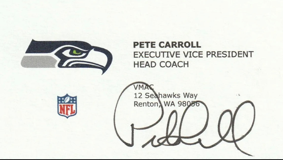 SUPER BOWL WINNING SEAHAWKS COACH PETE CARROLL SIGNED BUSINESS CARD ...
